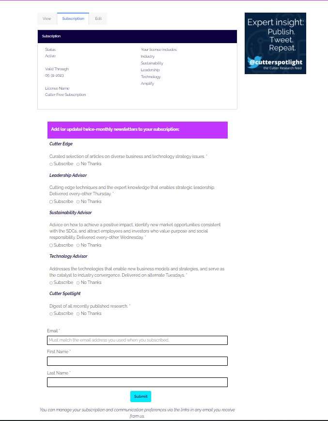 New Subscriber | Cutter Consortium